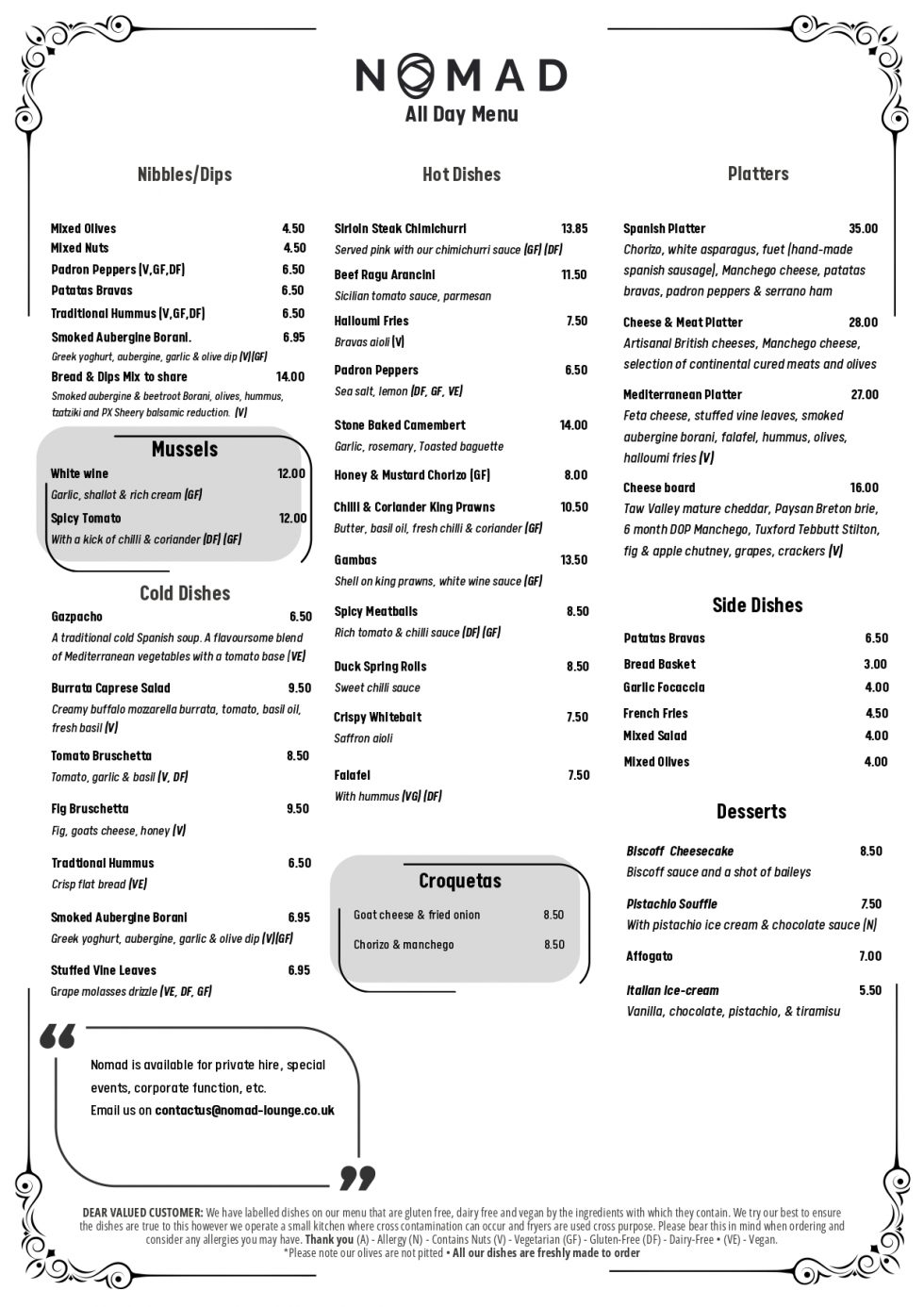 Menu | Nomad Cocktail Bars Restaurants